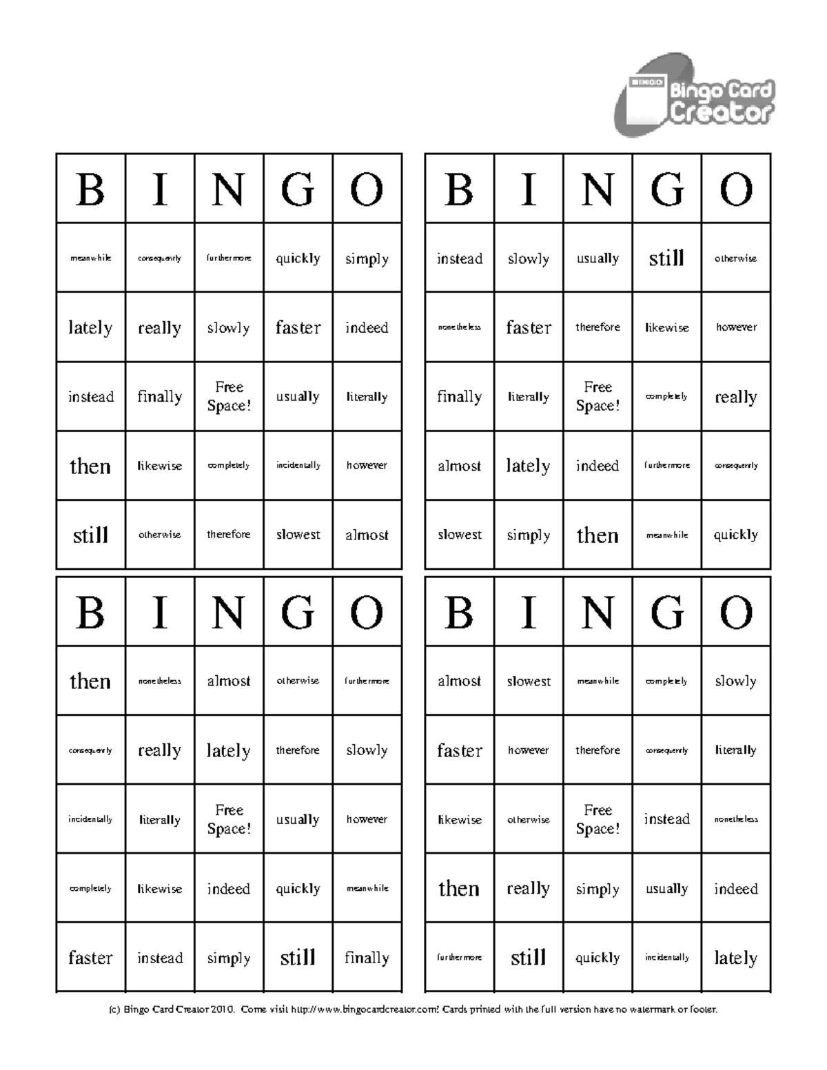 Adverbs - B I N G O then nonetheless almost otherwise furthermore ...