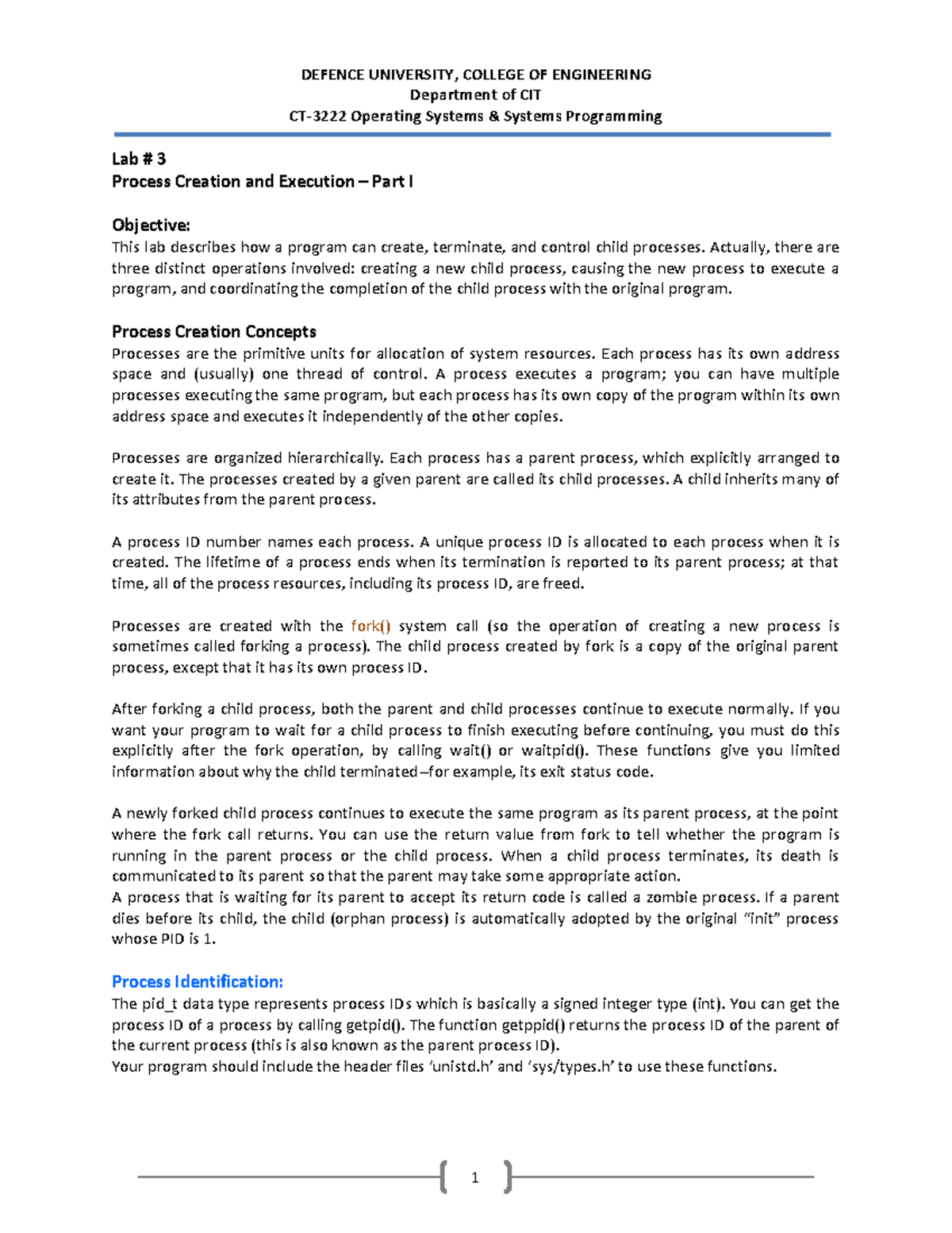OS Lab #3 Processes - DEFENCE UNIVERSITY, COLLEGE OF ENGINEERING ...