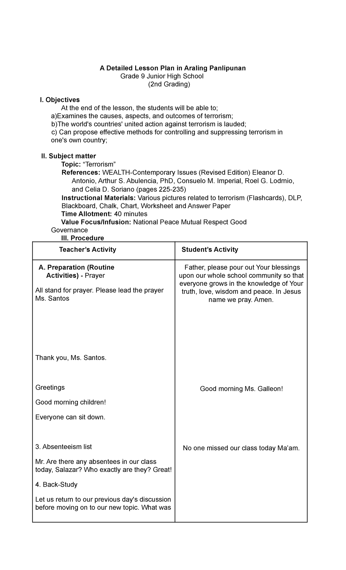 Terrorism Lesson Plan Sample - A Detailed Lesson Plan in Araling Panlipunan Grade 9 Junior High ...