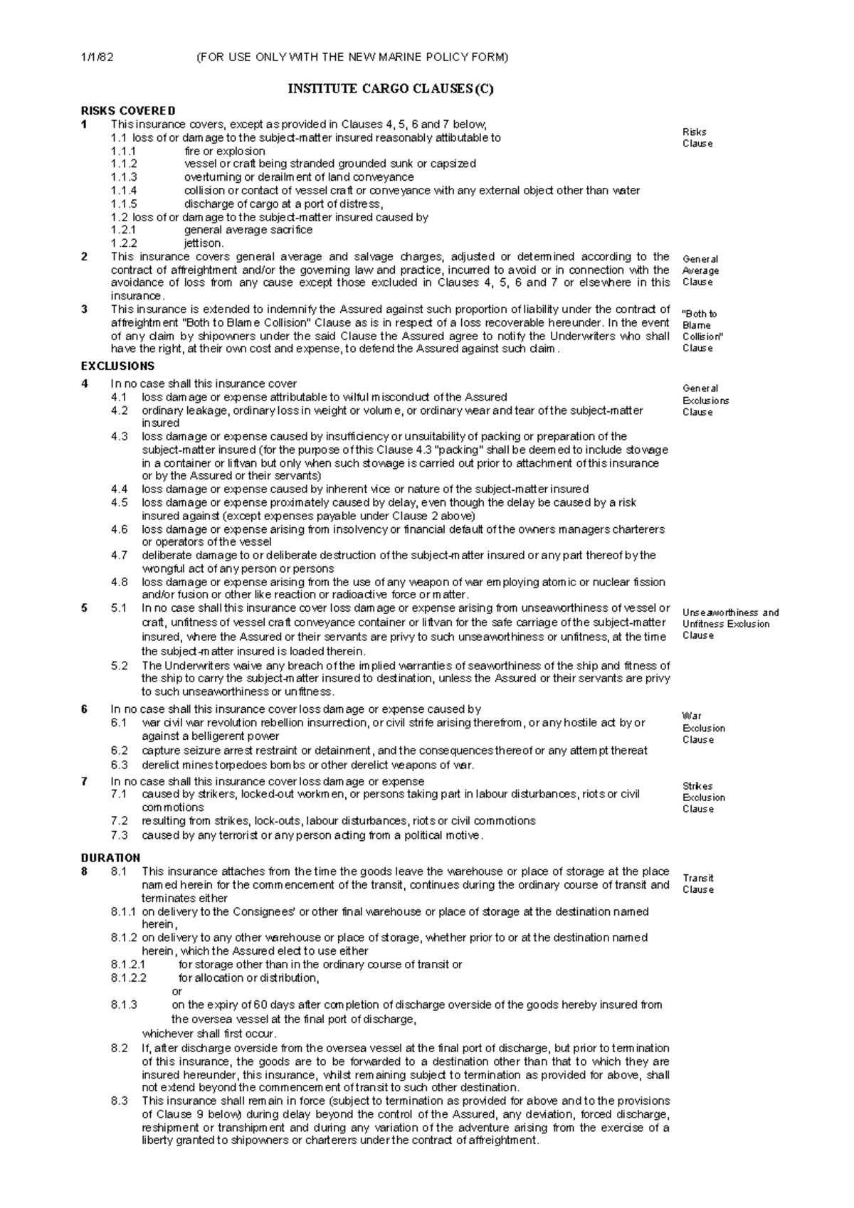 Institute cargo clauses c 1982 - 1/1/82 (FOR USE ONLY WITH THE NEW ...