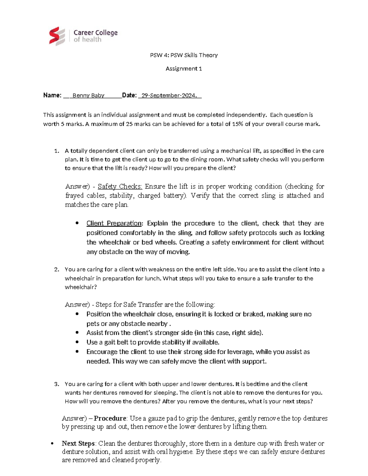 PSW 4 Assignment 1 - PSW 4: PSW Skills Theory Assignment 1 Name: Benny ...