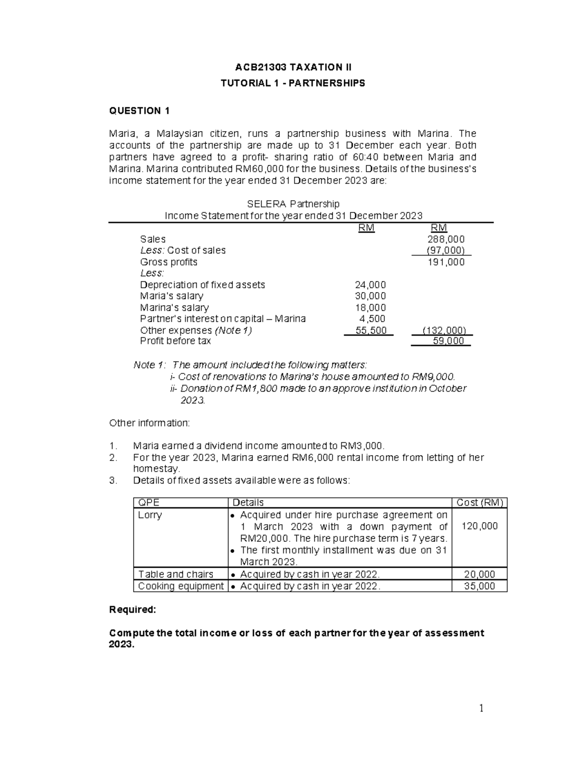 Tutorial Partnerships 2024 - ACB21303 TAXATION II TUTORIAL 1 ...