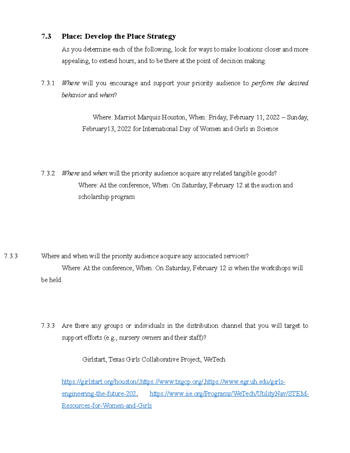 7.3Social Marketing Planning Worksheet - 7 Place: Develop the Place ...