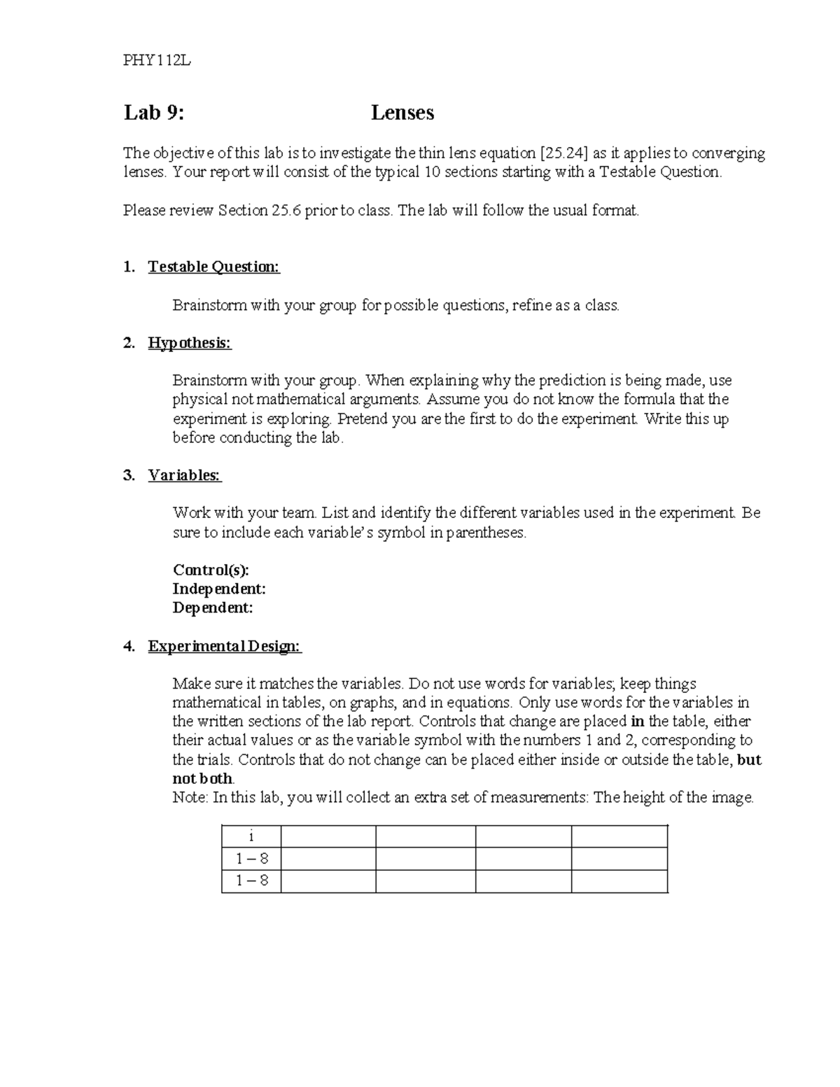 Phy112l Lab09 Lenses 3 - Guide - Lab 9: Lenses The objective of this lab is to investigate the ...