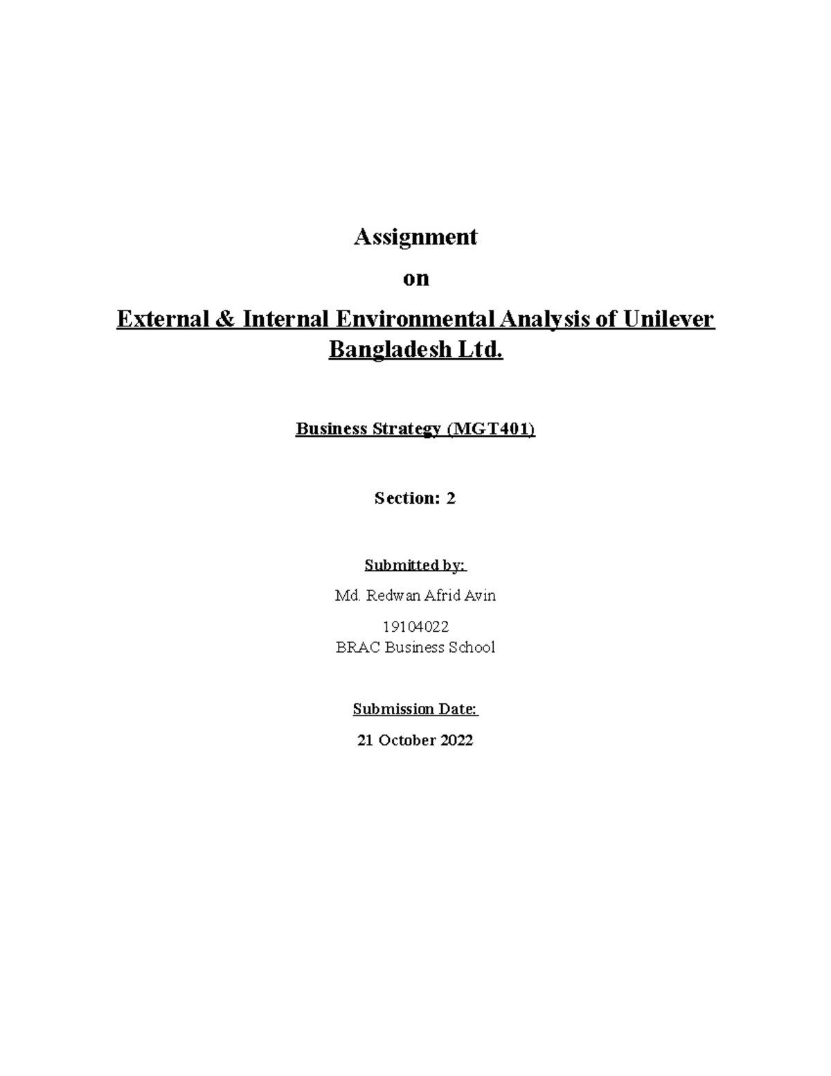 19104022 Assignment 1 MGT401 Section 2 - Assignment on External & Internal Environmental - Studocu