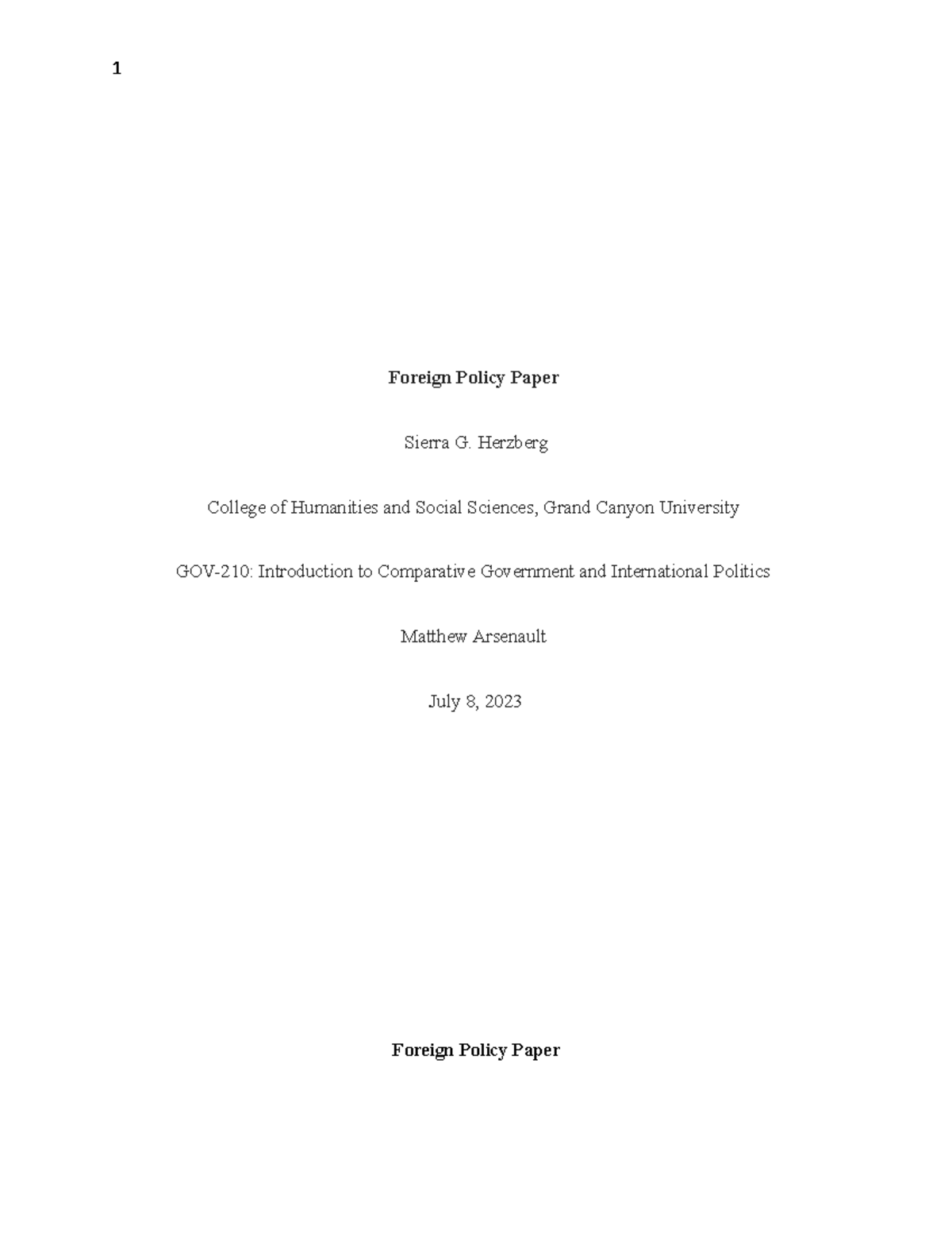 Foriegn Policy Paper - info - Foreign Policy Paper Sierra G. Herzberg ...