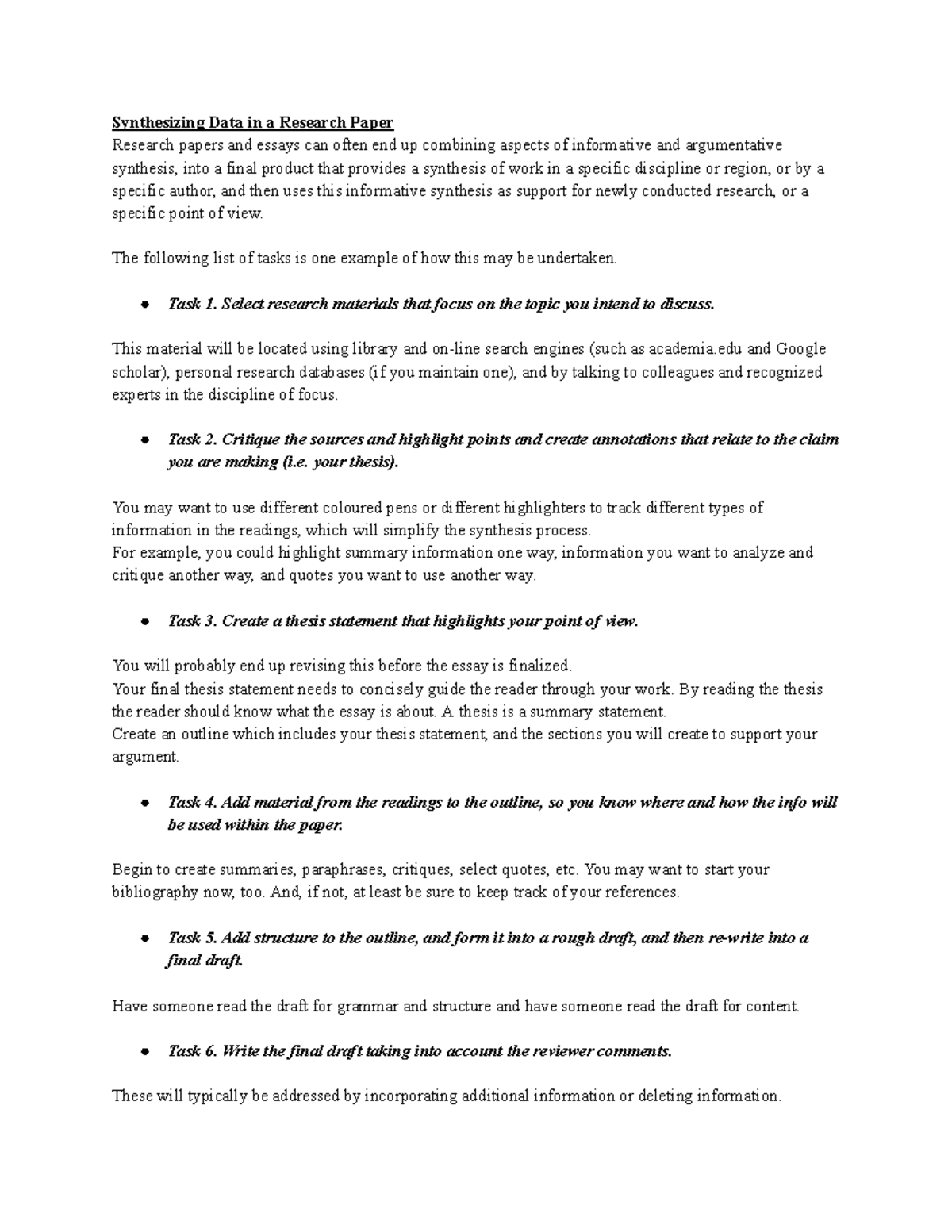 Synthesizing Data in a Research Paper - Synthesizing Data in a Research ...