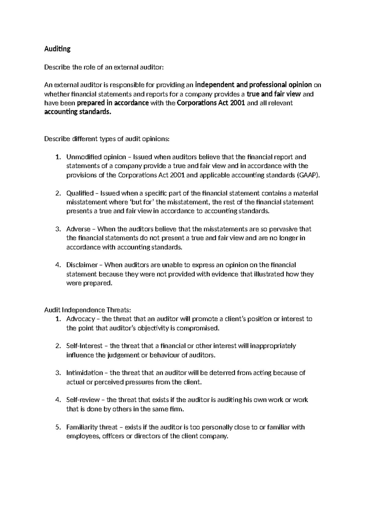 Auditing Notes Final Exam - Auditing Describe the role of an external ...
