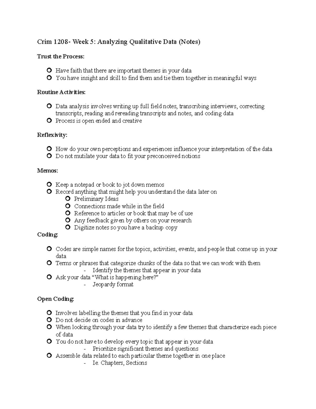 Crim 1208- Week 5- Analyzing Qualitative Data (Notes) - Chapters ...