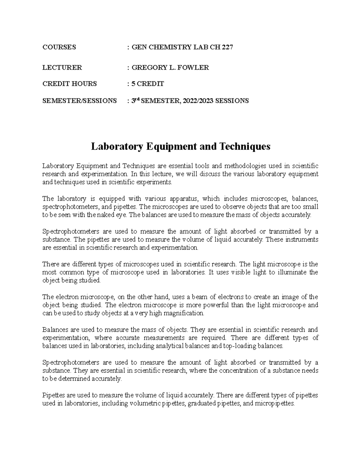 Laboratory Equipment and Techniques - COURSES : GEN CHEMISTRY LAB CH ...