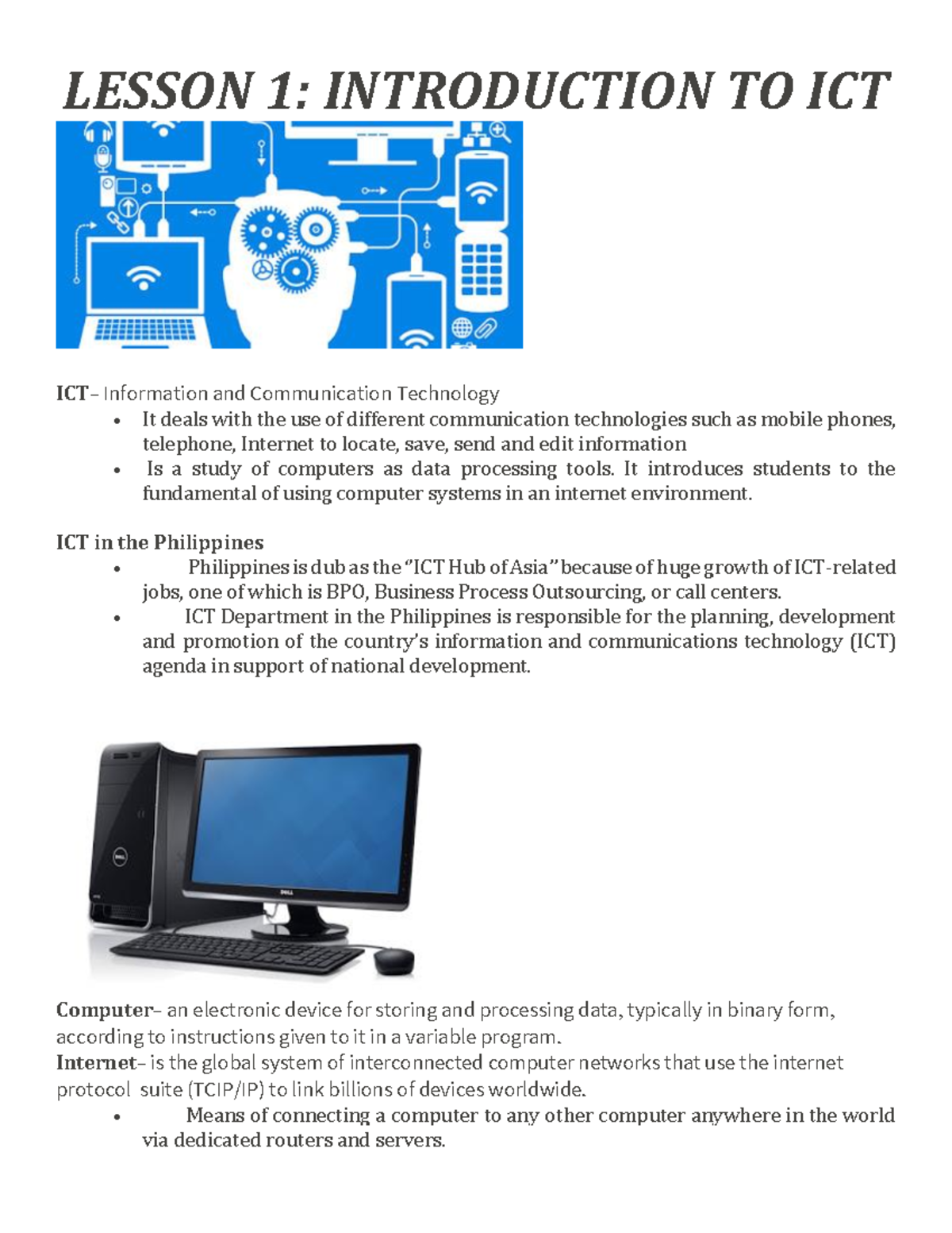 Empowerment technology - LESSON 1: INTRODUCTION TO ICT ICT– Information ...
