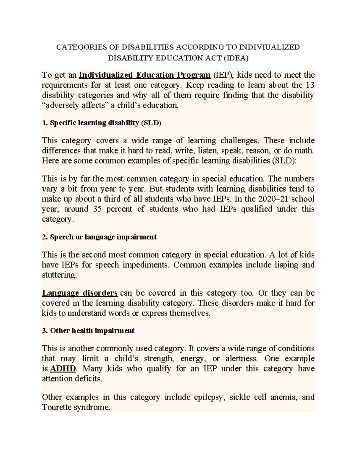 Categories OF Disabilities-1 - CATEGORIES OF DISABILITIES ACCORDING TO ...