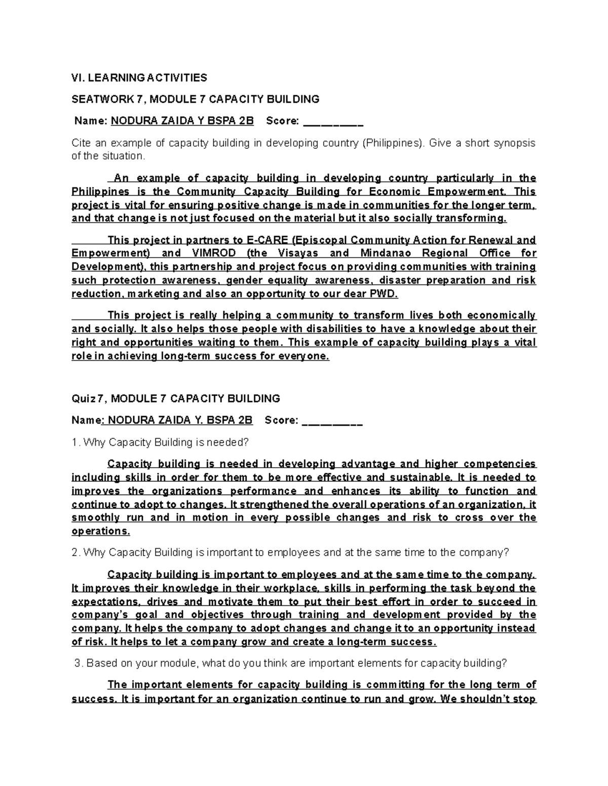 Nodura BSPA 2B (Good Governance answers module #7) - VI. LEARNING ACTIVITIES SEATWORK 7, MODULE ...