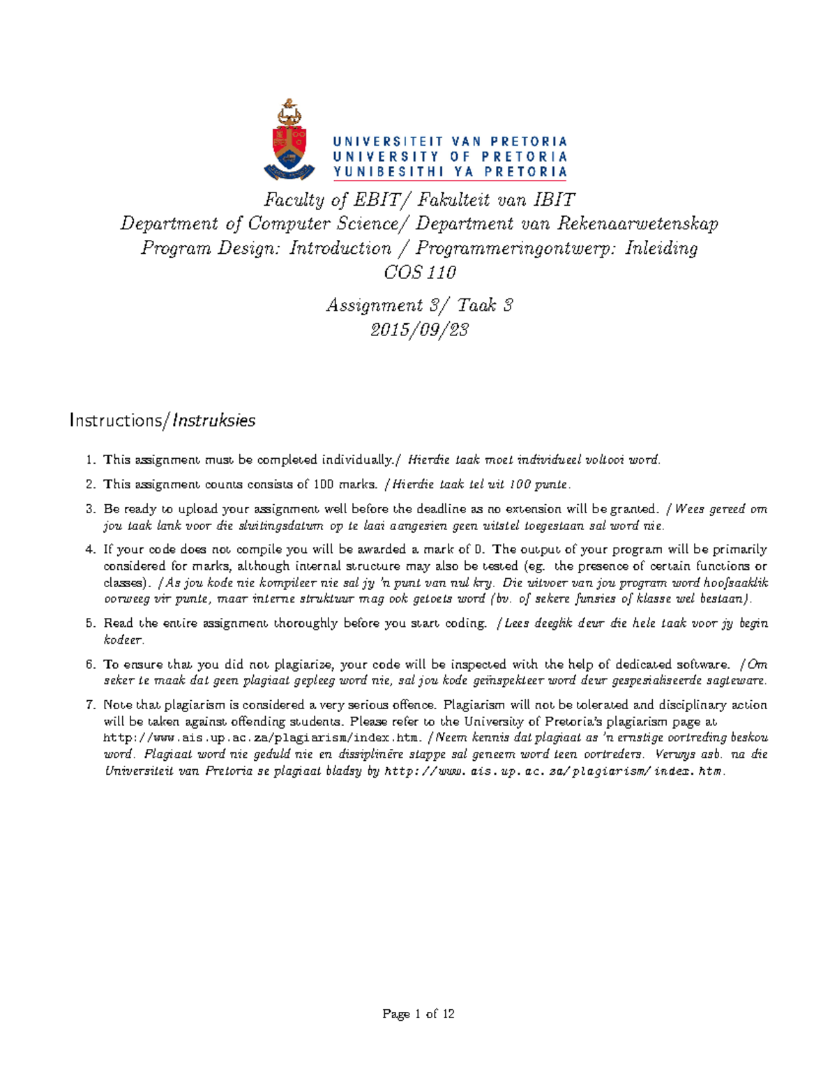 Ass3-spec - Assignment 3 - Faculty of EBIT/ Fakulteit van IBIT Department of Computer Science ...