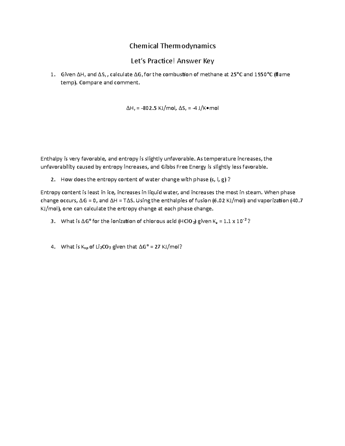 Chem Thermo Practice Ans(1) - Chemical Thermodynamics Let’s Practice ...