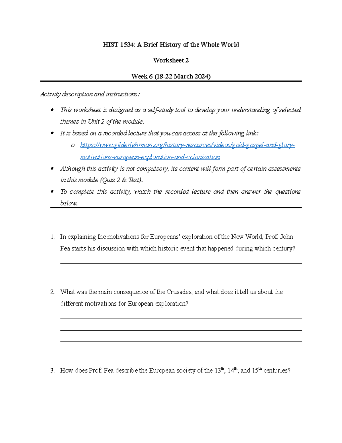 HIST 1534 - Worksheet 2 - HIST 1534: A Brief History of the Whole World ...