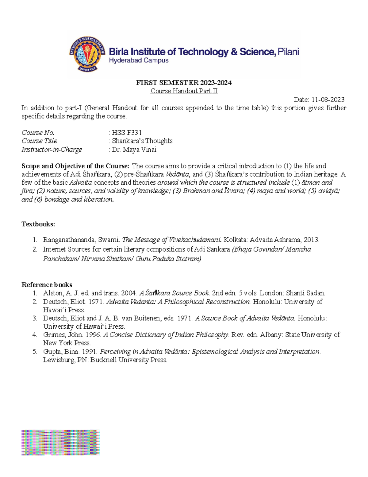 HSS F331 Shankara’s Thoughts - FIRST SEMESTER 2023- Course Handout Part II Date: 11-08- In ...