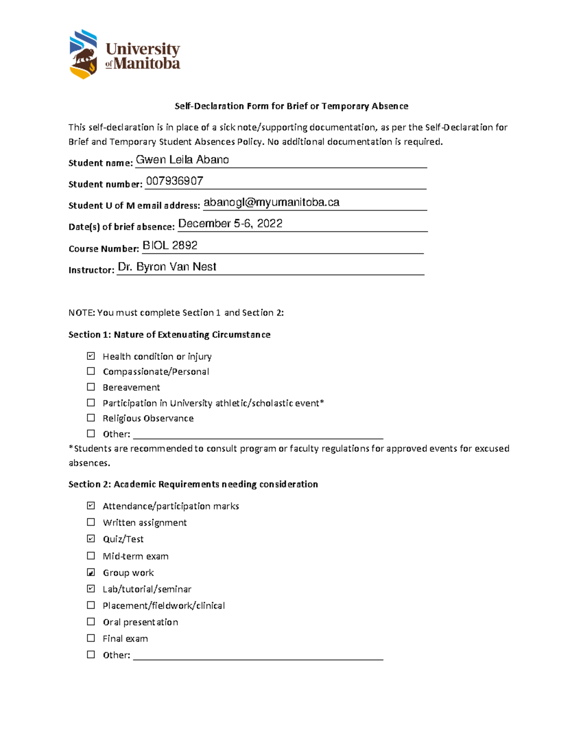 Self Declaration Form - Self-Declaration Form for Brief or Temporary ...