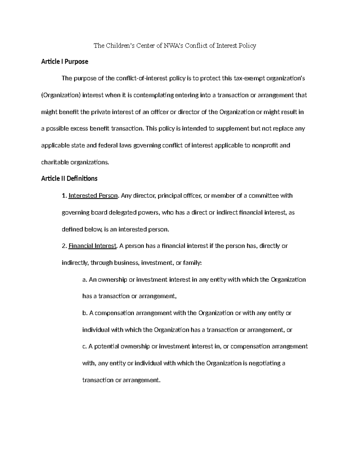 Conflict of Interest Policy - The Children’s Center of NWA’s Conflict ...