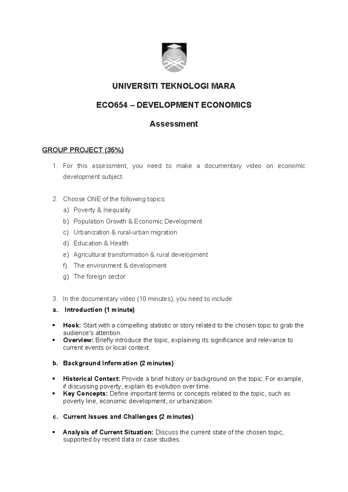 Group Project (35%) 2 - ctu554 - UNIVERSITI TEKNOLOGI MARA ECO654 ...