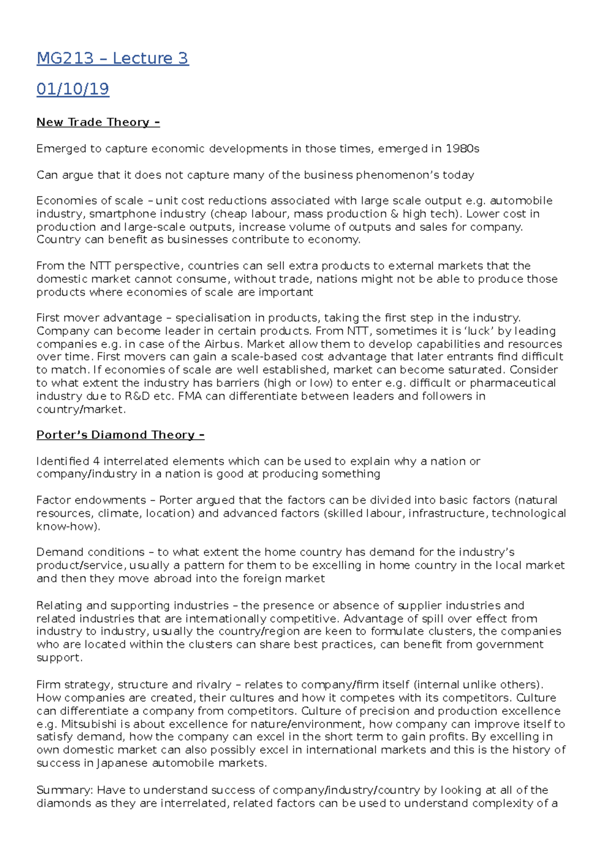 Lecture 3 - 01 - MG213 – Lecture 3 01/10/ New Trade Theory – Emerged to ...