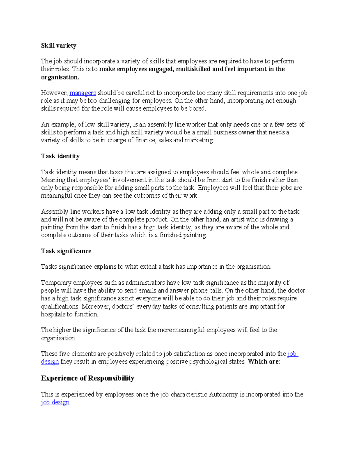 Skill variety - FOURTH YEAR - Skill variety The job should incorporate ...