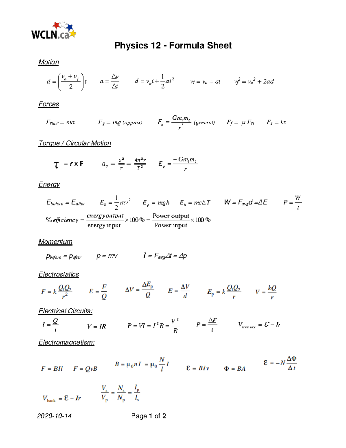 Physics formula - 2020-10-14 Page 1 of 2 Physics 12 - Formula Sheet ...