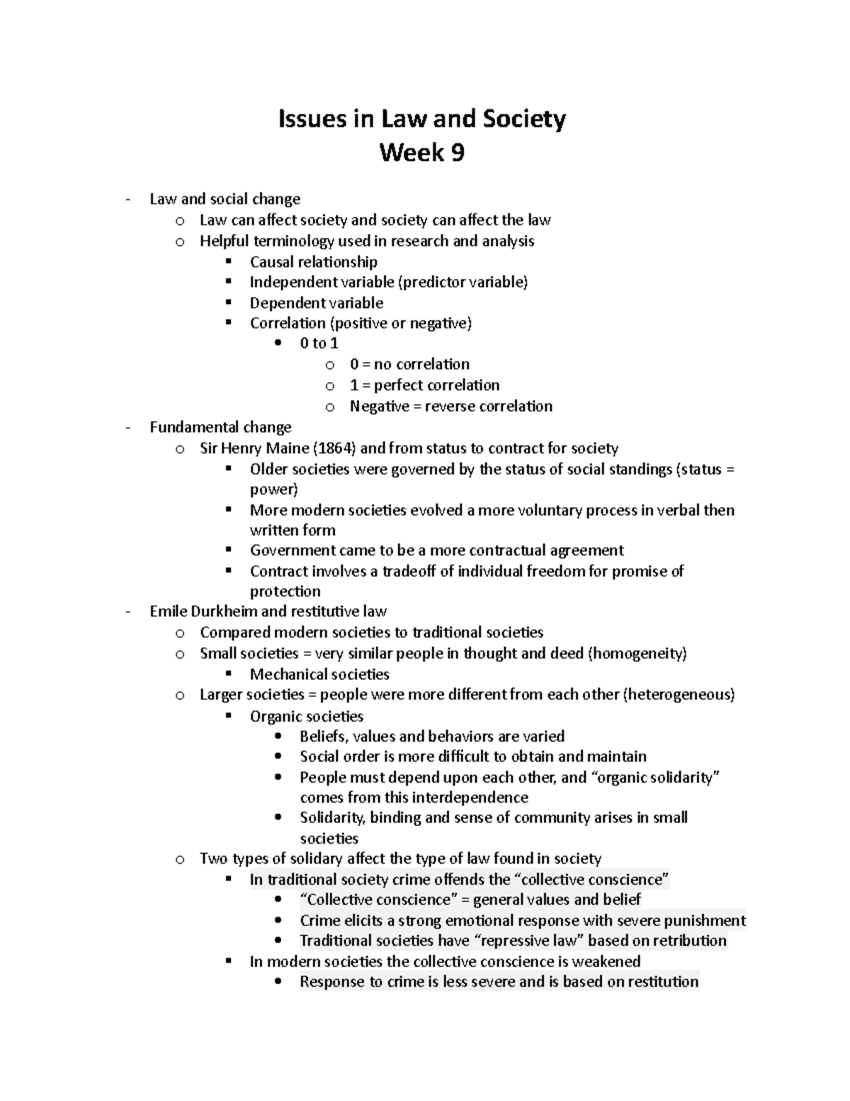 Week 10 Lecture Notes - Issues in Law and Society Week 9 Law and social ...