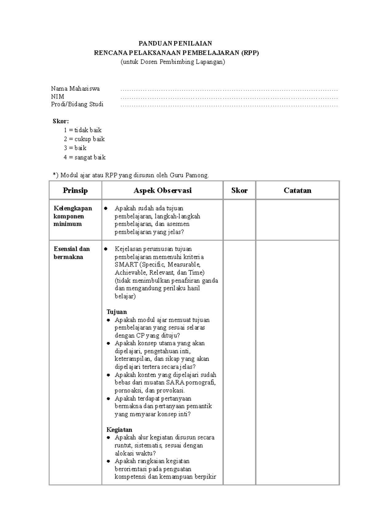 Lampiran 9 - Contoh Panduan Penilaian RPP oleh Dosen Pembimbing ...