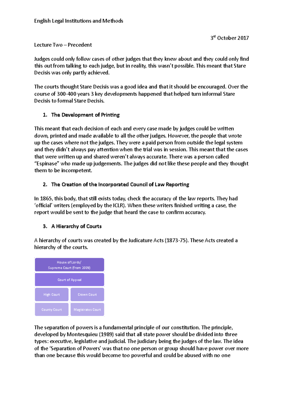 L2, Precedent - Lecture notes 1 - English Legal Institutions and ...