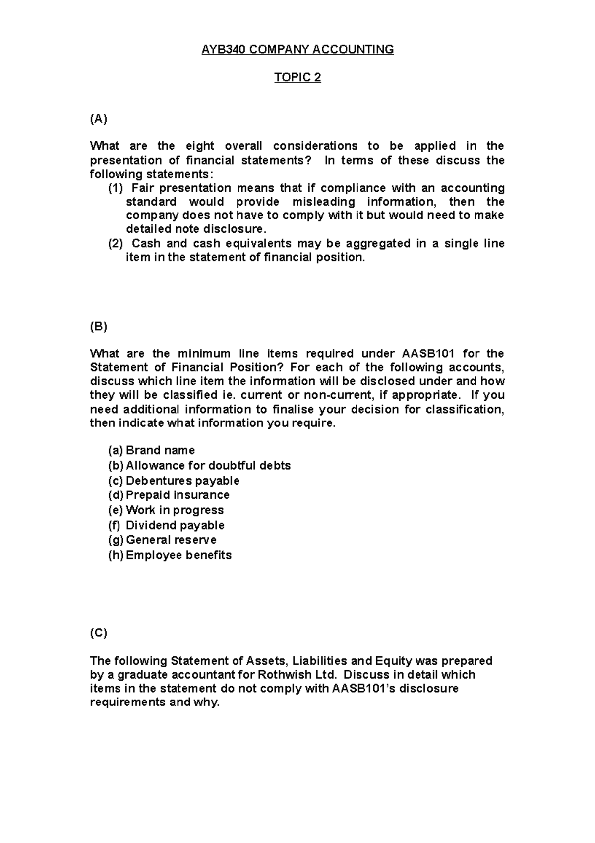 Presentation Questions - Topic 2 - AYB340 COMPANY ACCOUNTING TOPIC 2 (A ...