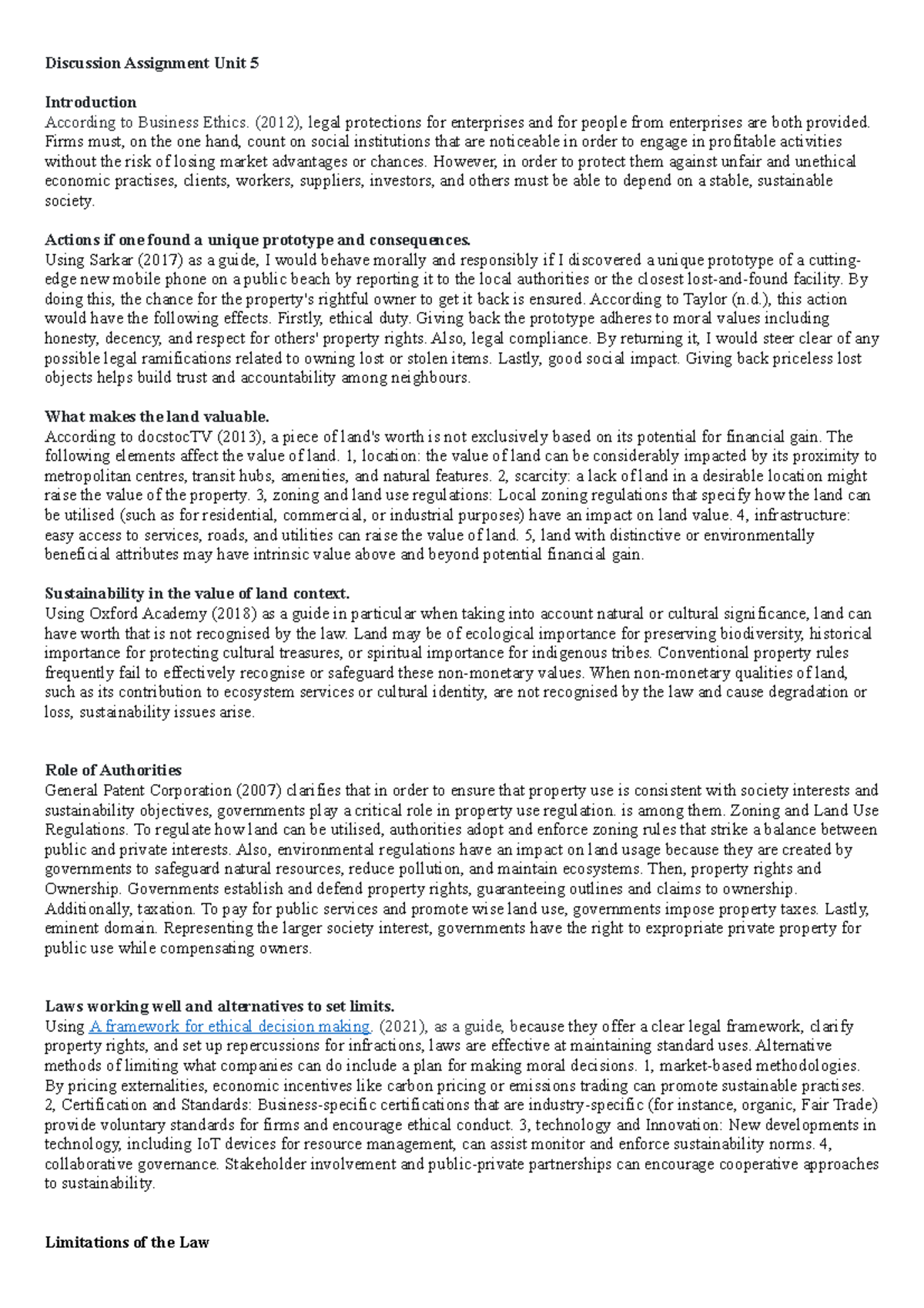 Discussion BL - Assignments - Discussion Assignment Unit 5 Introduction According to Business ...