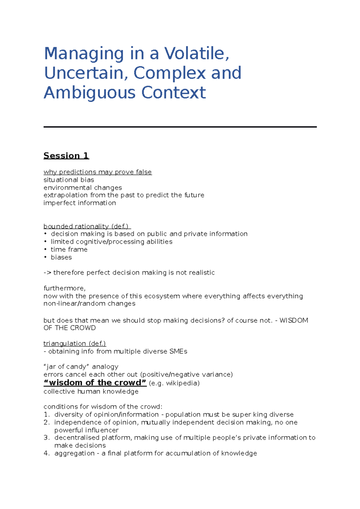 VUCA Summary notes - Managing in a Volatile, Uncertain, Complex and ...