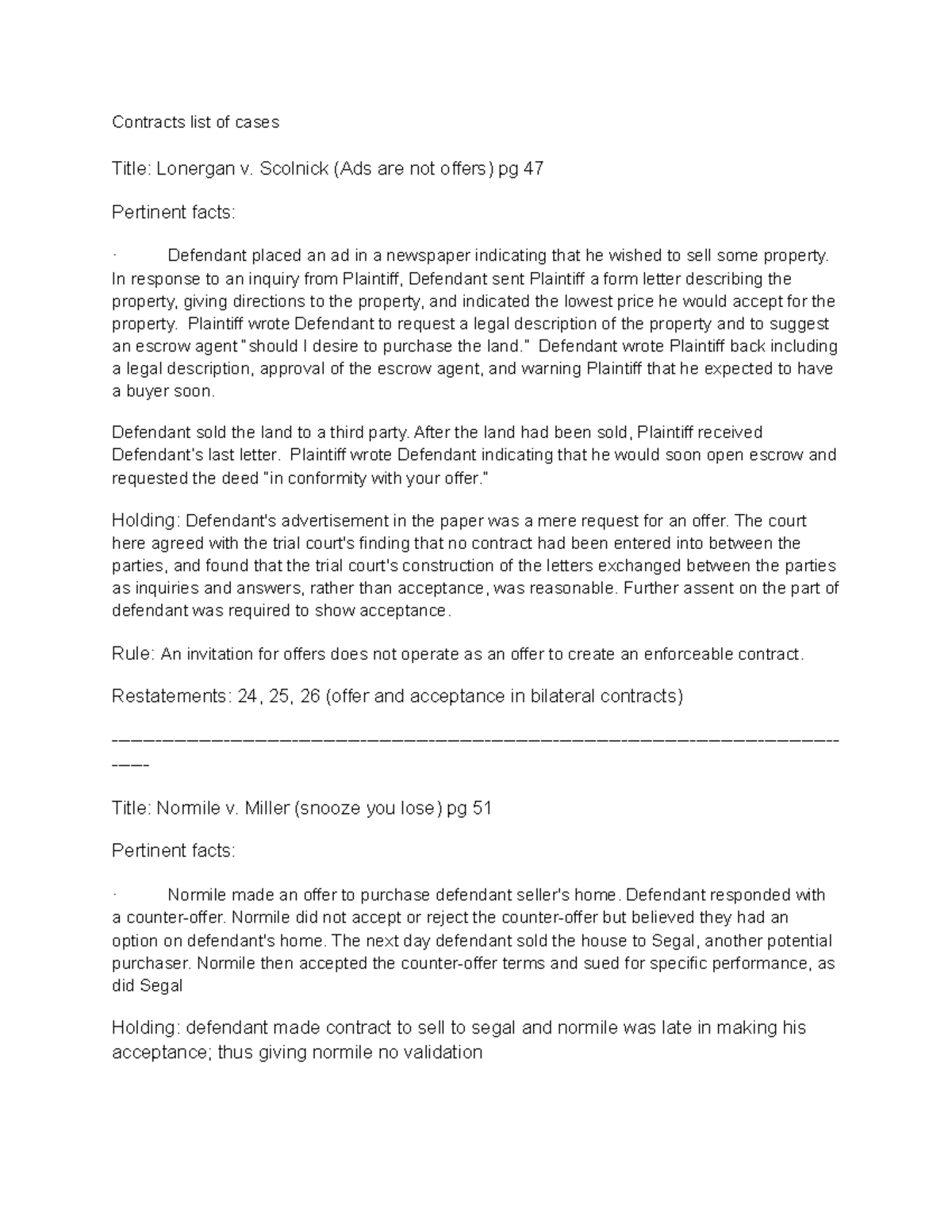 Contracts List of Cases Fall 2021 First Year Summaries of All Cases ...