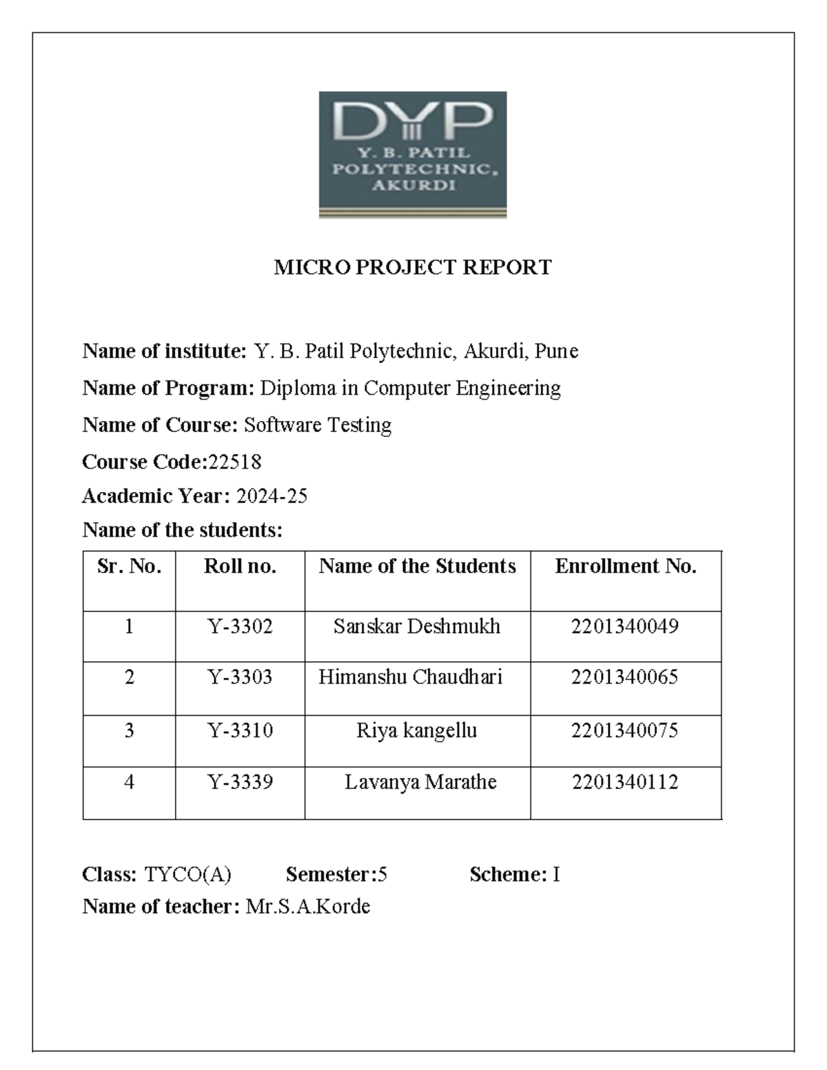 Software testing micro-project - MICRO PROJECT REPORT Name of institute ...
