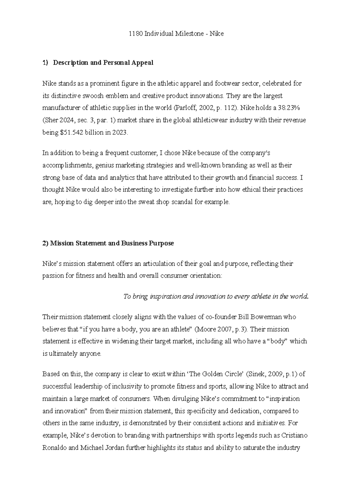 1180 assignment 1 - Description and Personal Appeal Nike stands as a ...
