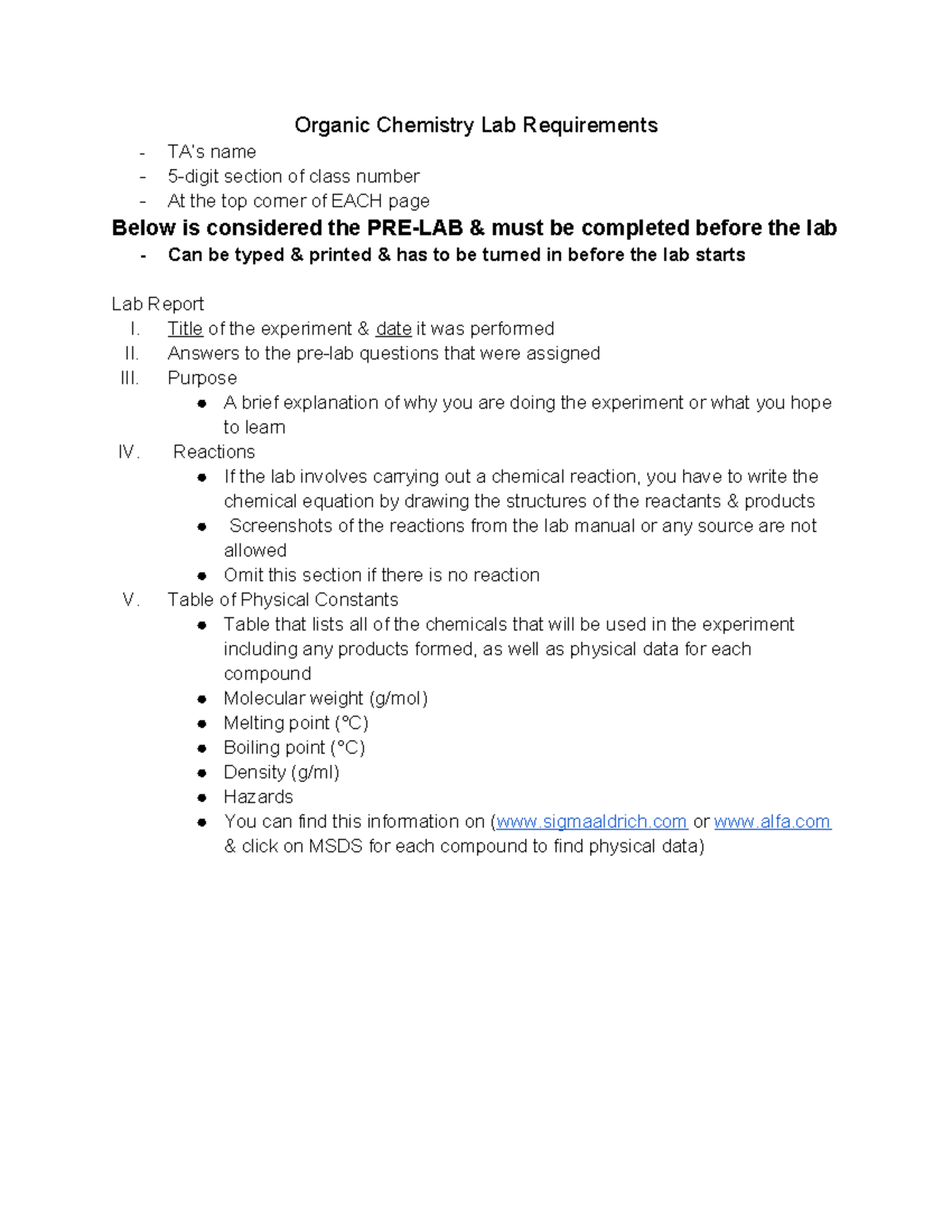 Organic Chemistry Lab Requirenments - Title of the experiment & date it was performed II. - Studocu