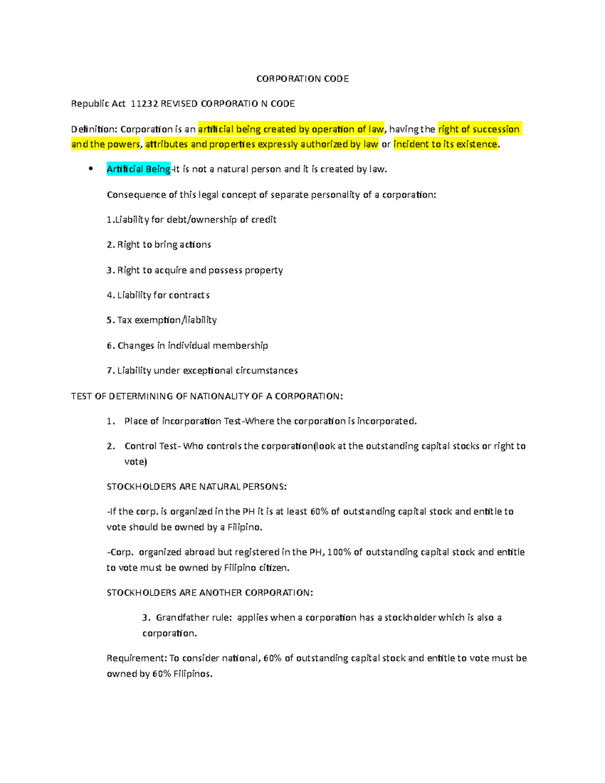 Corporation law - Obligations and Contracts - UV - Studocu