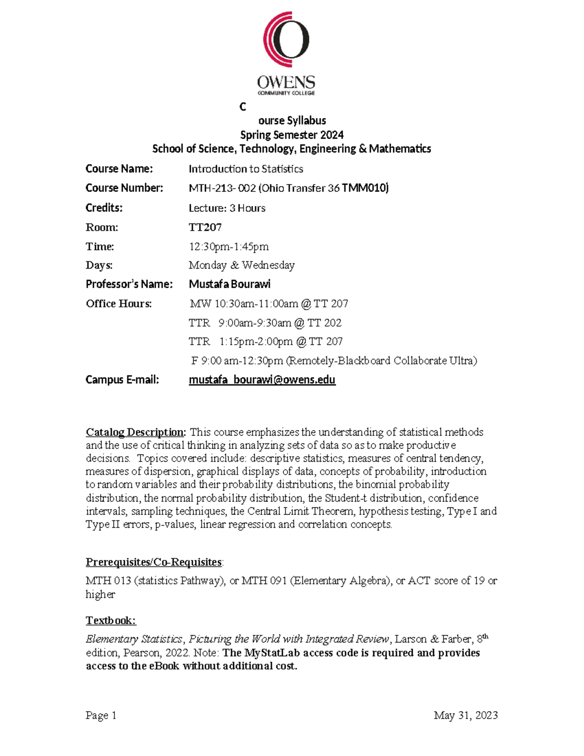 202410 MTH213 012 10829 - C ourse Syllabus Spring Semester 202 4 School ...