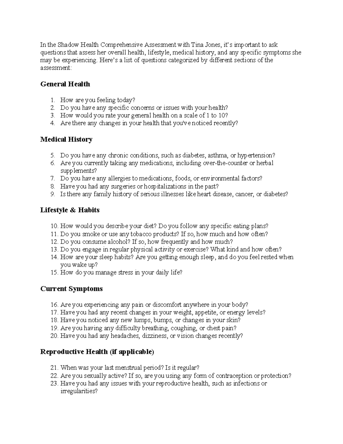 assessment questions idea - In the Shadow Health Comprehensive ...