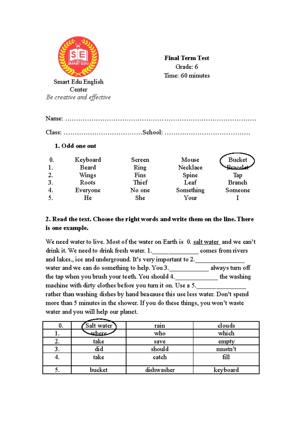Teen 6- Test - english test - Smart Edu English Center Be creative and ...