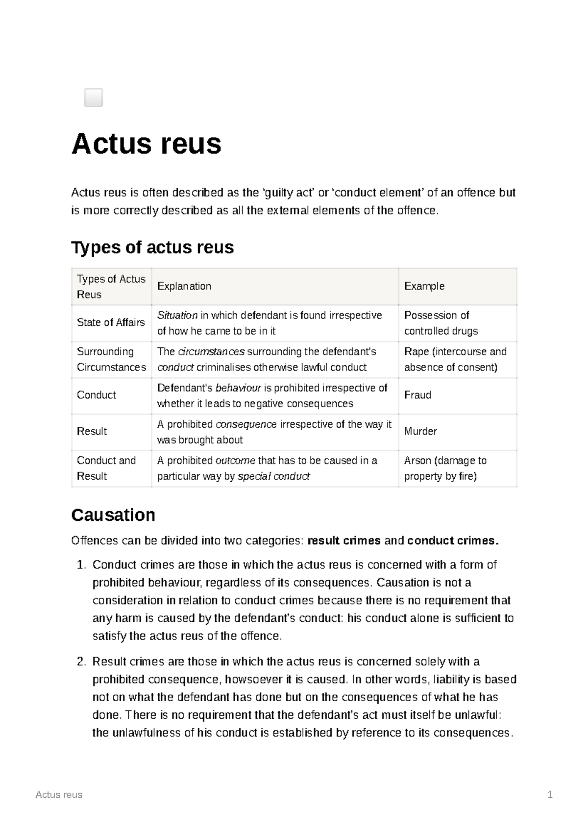 Summary notes on actus reus - Actus reus Actus reus is often described ...