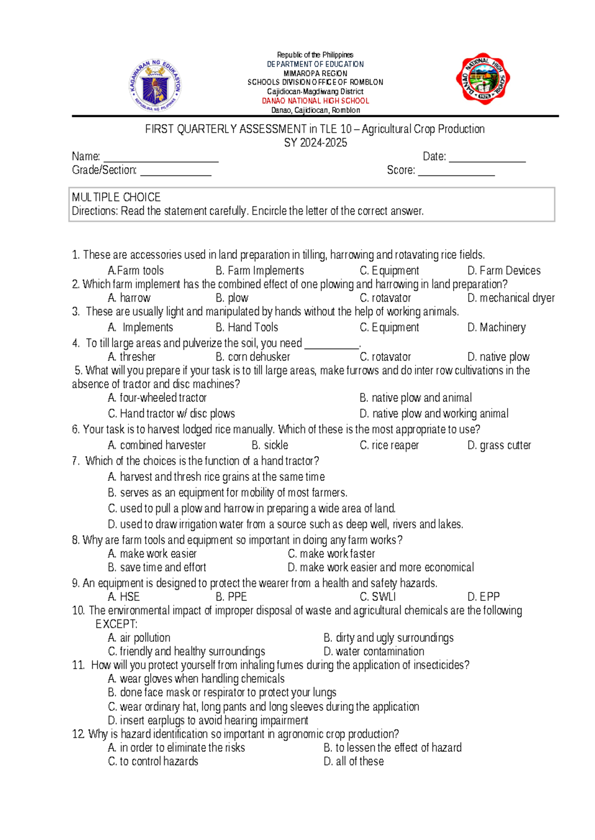 First PT in TLE 10 - An assessment in TLE 10 - Republic of the ...