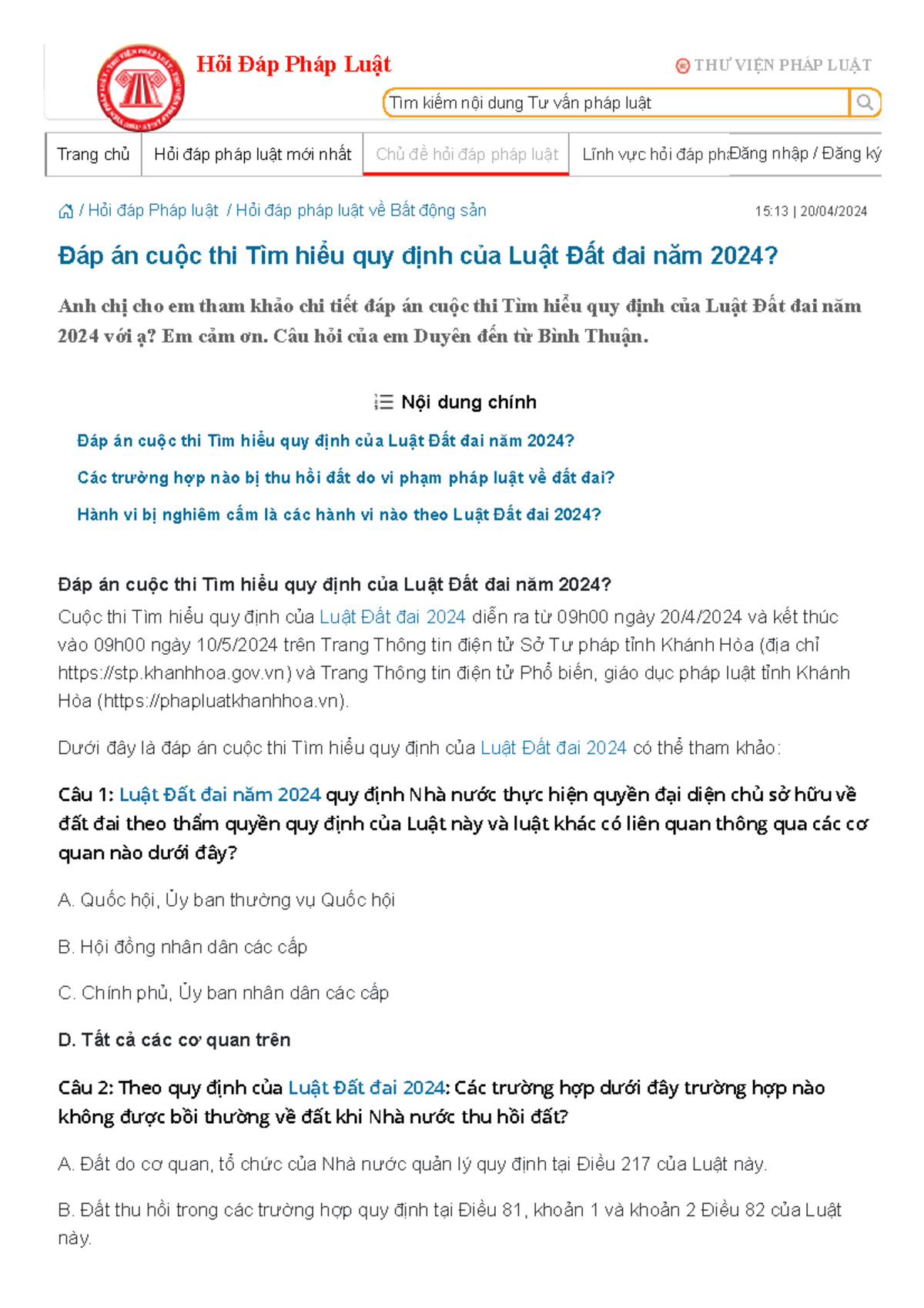 luat dat dai 2024 Đáp án cuộc thi Tìm hiểu quy định của Luật Đất đai ...