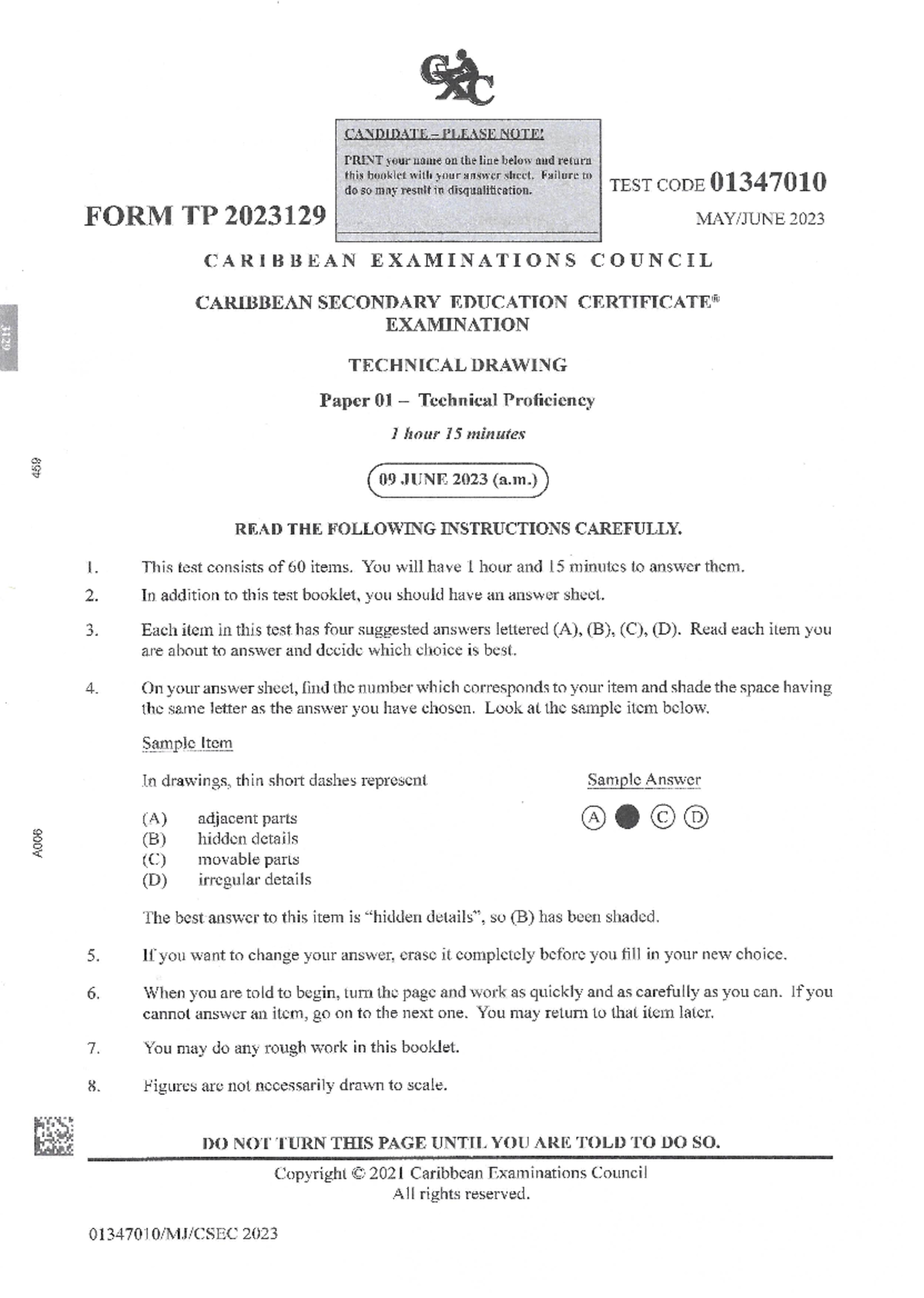 CSEC Technical Drawing June 2023 P1 240604 103239 - CANDIDATE PLEASE ...
