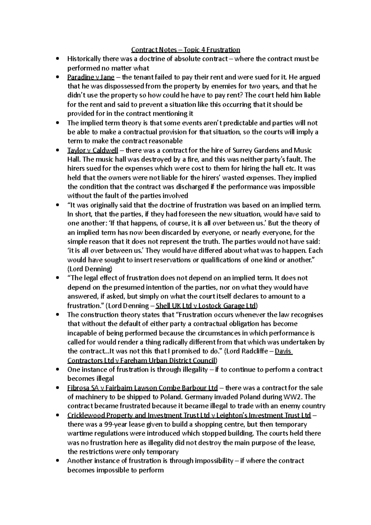Topic 4 Frustration - Summary Contract Law - Contract Notes Topic 4 ...