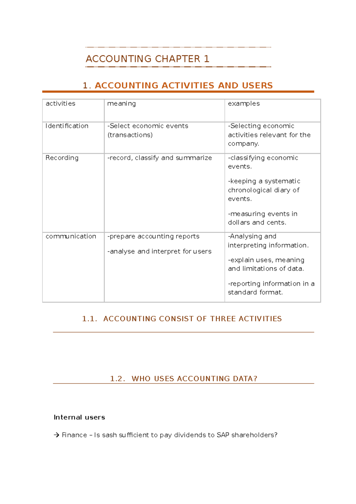 Accounting chapter 1 - ACCOUNTING CHAPTER 1 1. ACCOUNTING ACTIVITIES ...