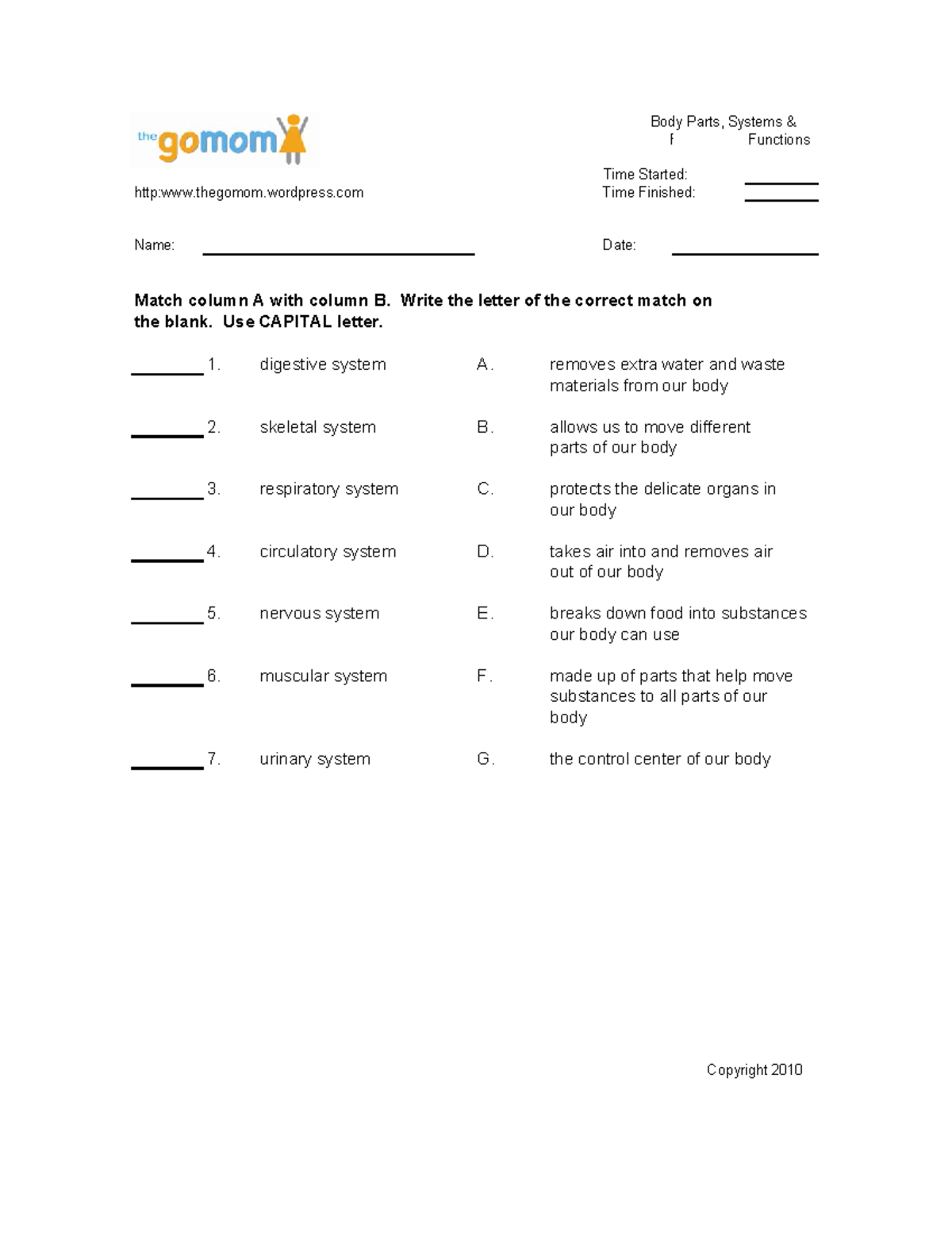 Body parts systems functions 5 worksheets 1 - F Functions Time Started ...