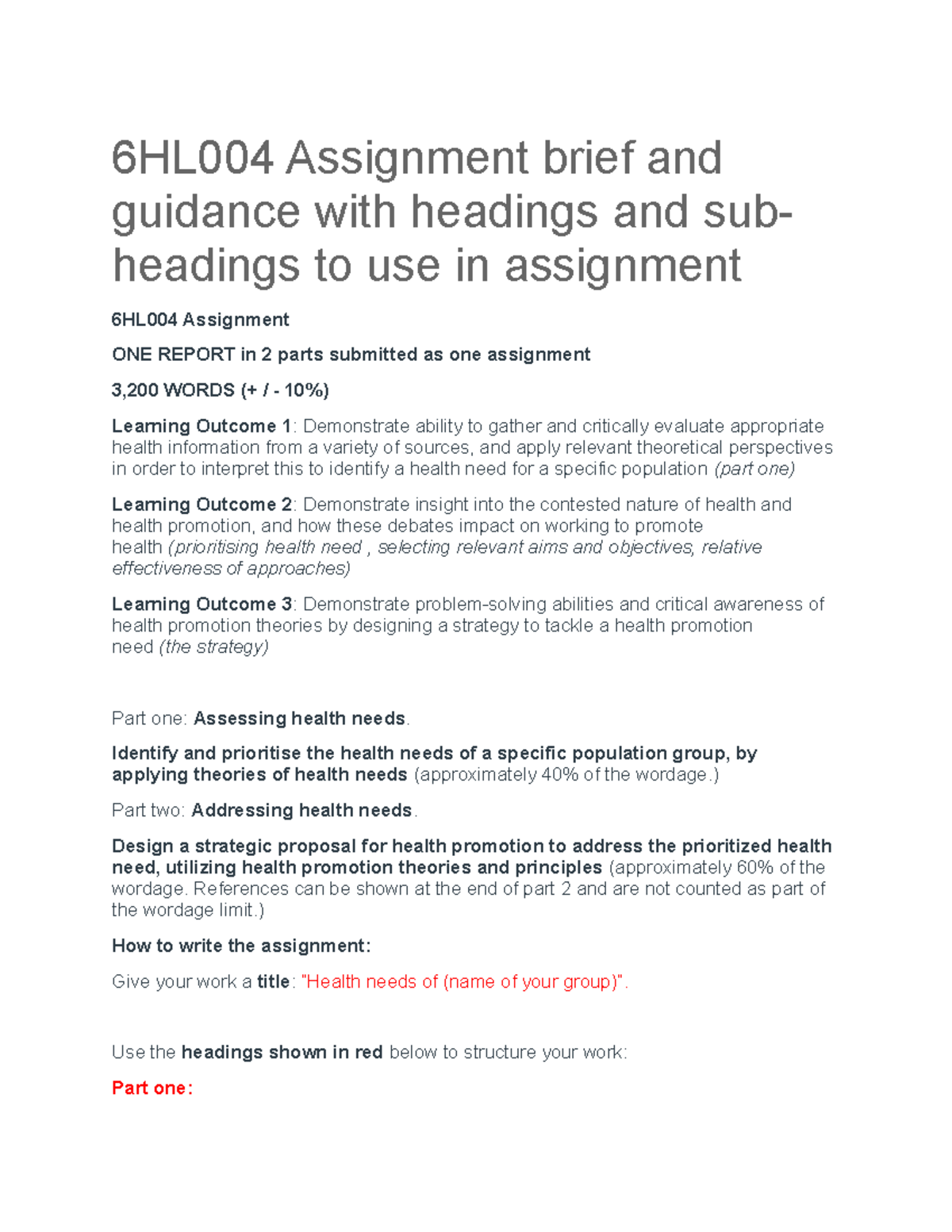 6HL004 Assignment brief and guidance with headings and sub - 6HL004 Assignment brief and ...