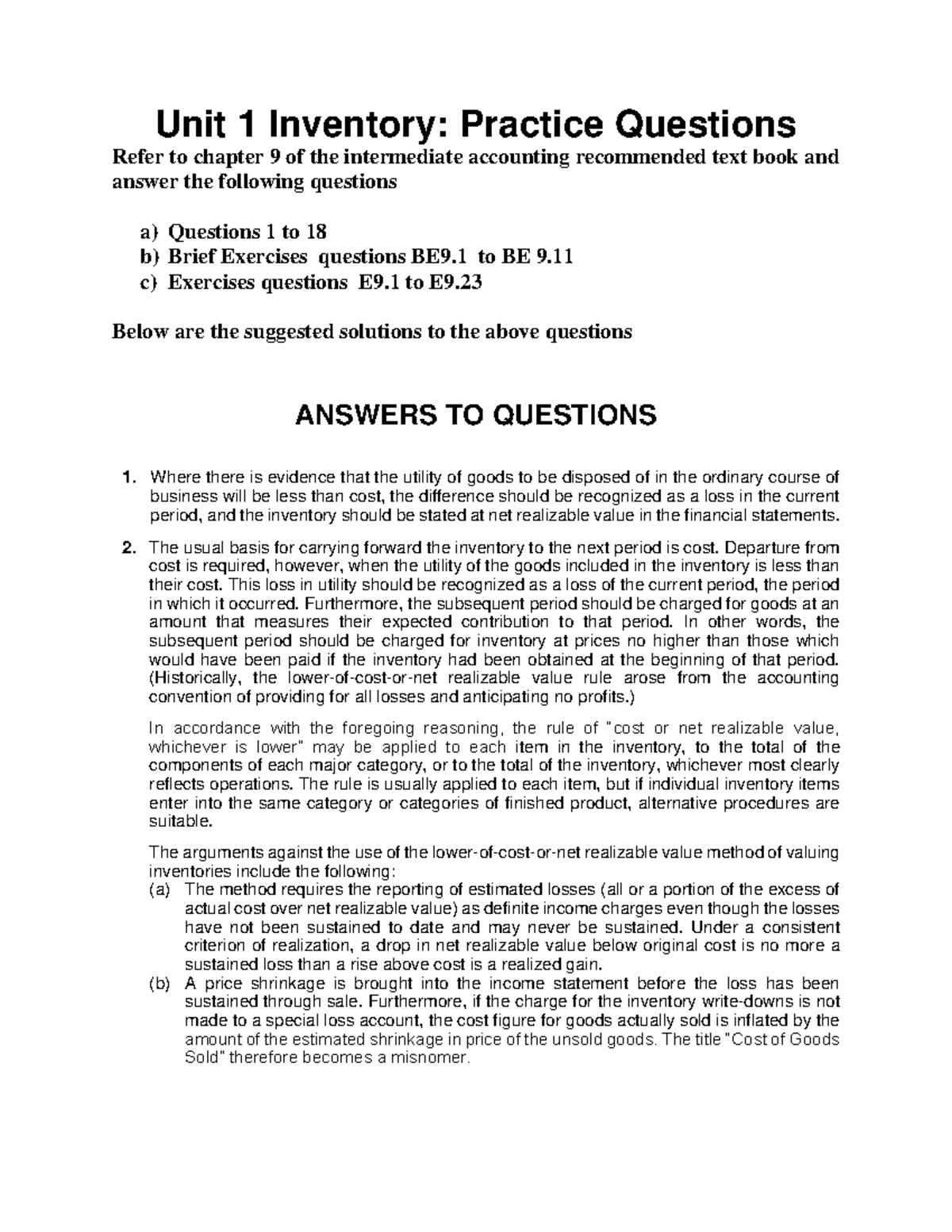 Inventory Practice Questions - Unit 1 Inventory: Practice Questions ...